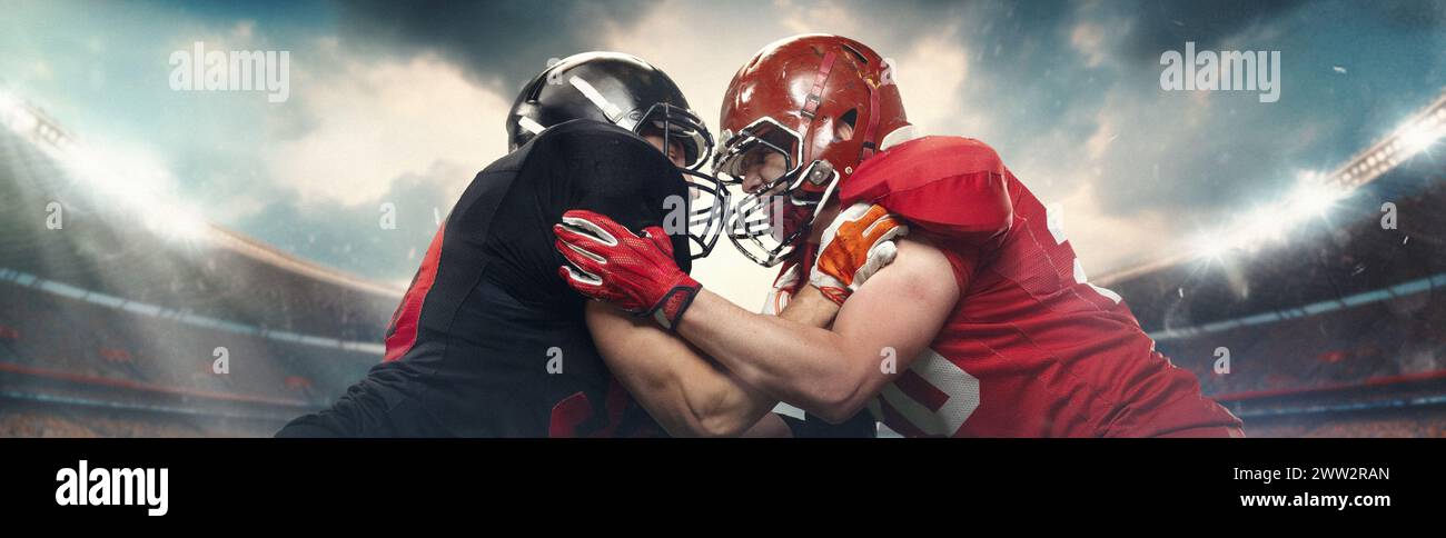 Two American football players in helmets confronting each other with ...