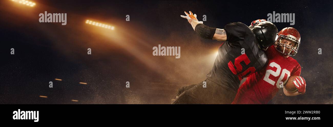 Intense game moment. Competitive men, American football players in ...