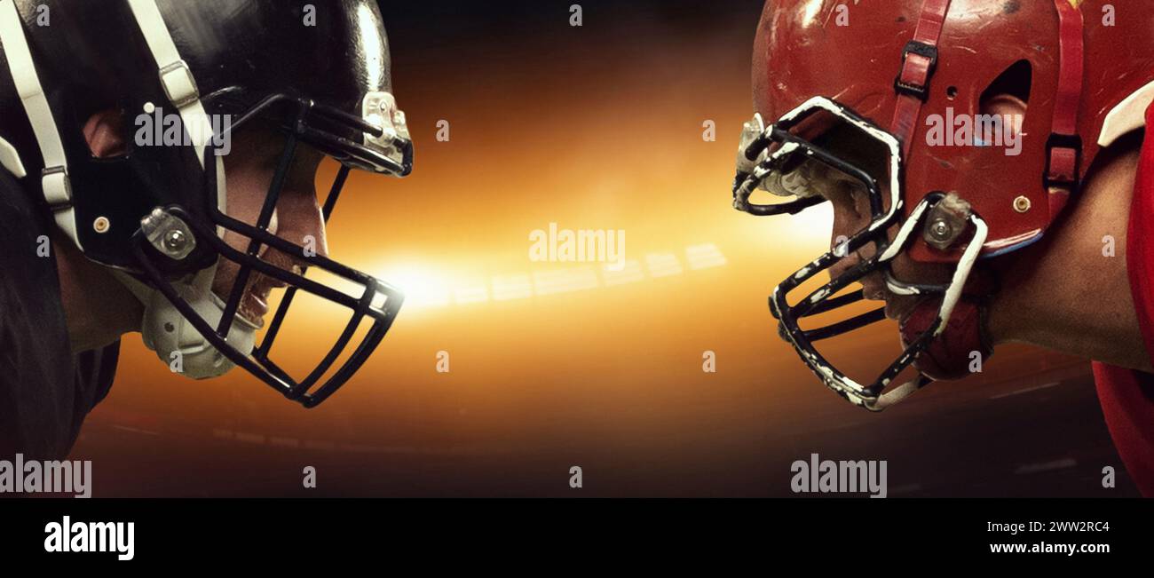 Two American football players in helmets confronting each other ...
