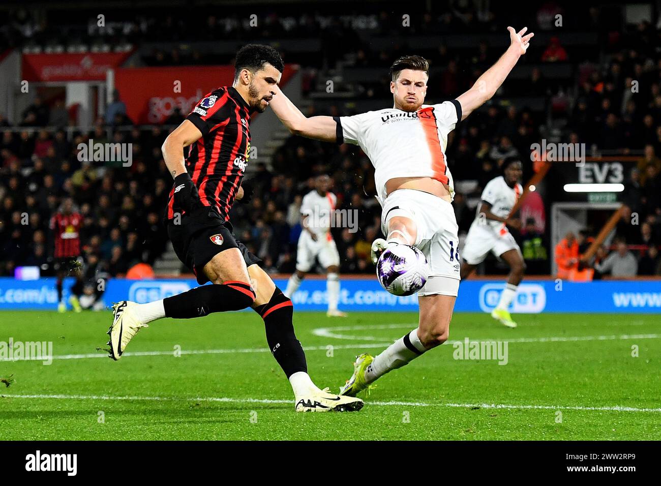 Dominic Solanke of AFC Bournemouth takes on Reece Burke of Luton Town ...