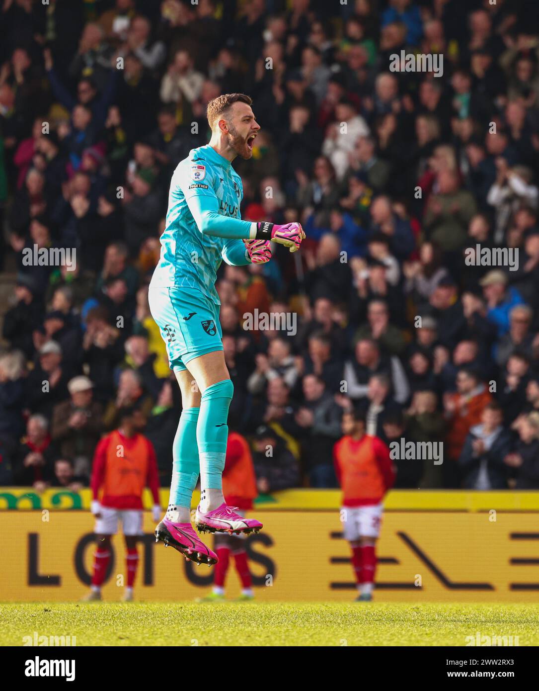 Angus Gunn of Norwich City jumping and punching the air celebrating ...