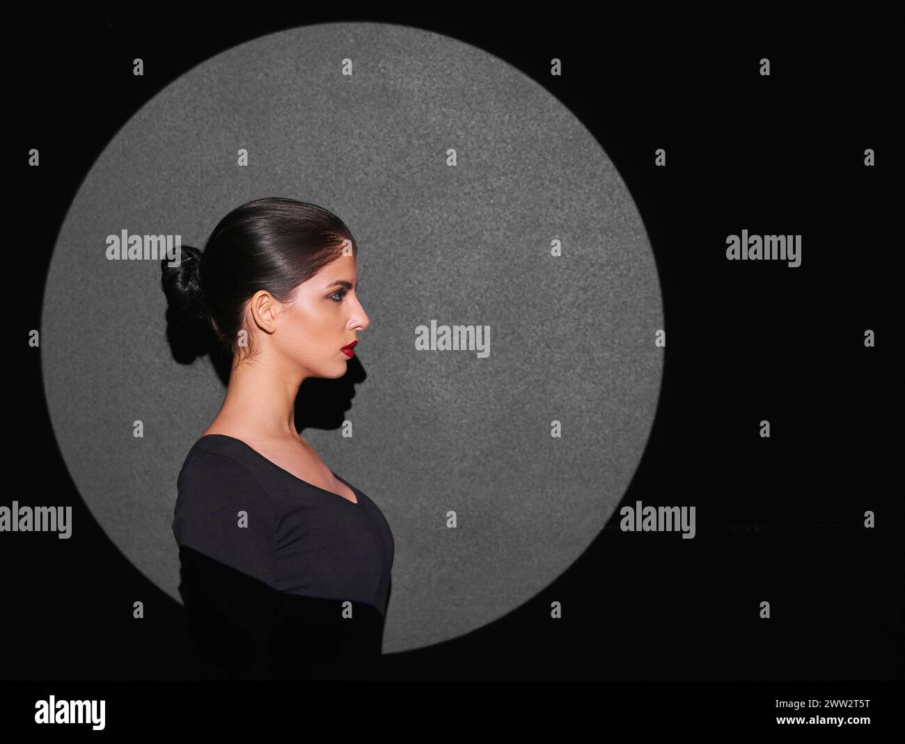 Profile, abstract and woman with spotlight of circle, shape or serious ...