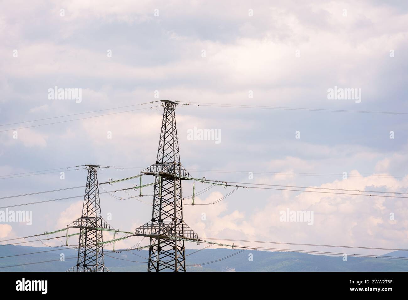 High voltage towers Electric pole. Power line support with wires for ...