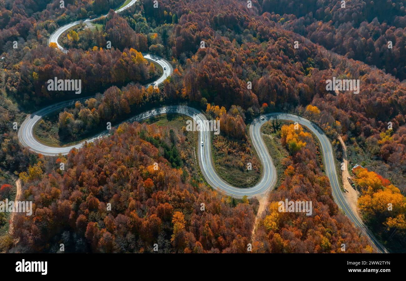 aerial view of inegol domanic road with beautiful autumn colors of ...