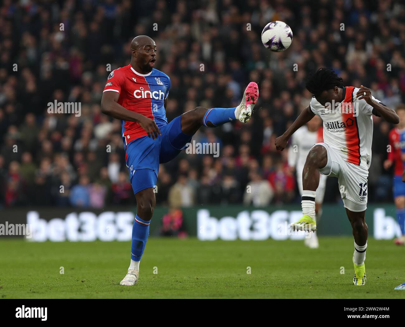 Jean-Philippe Mateta of Crystal Palace battles Issa Kabore of Luton ...