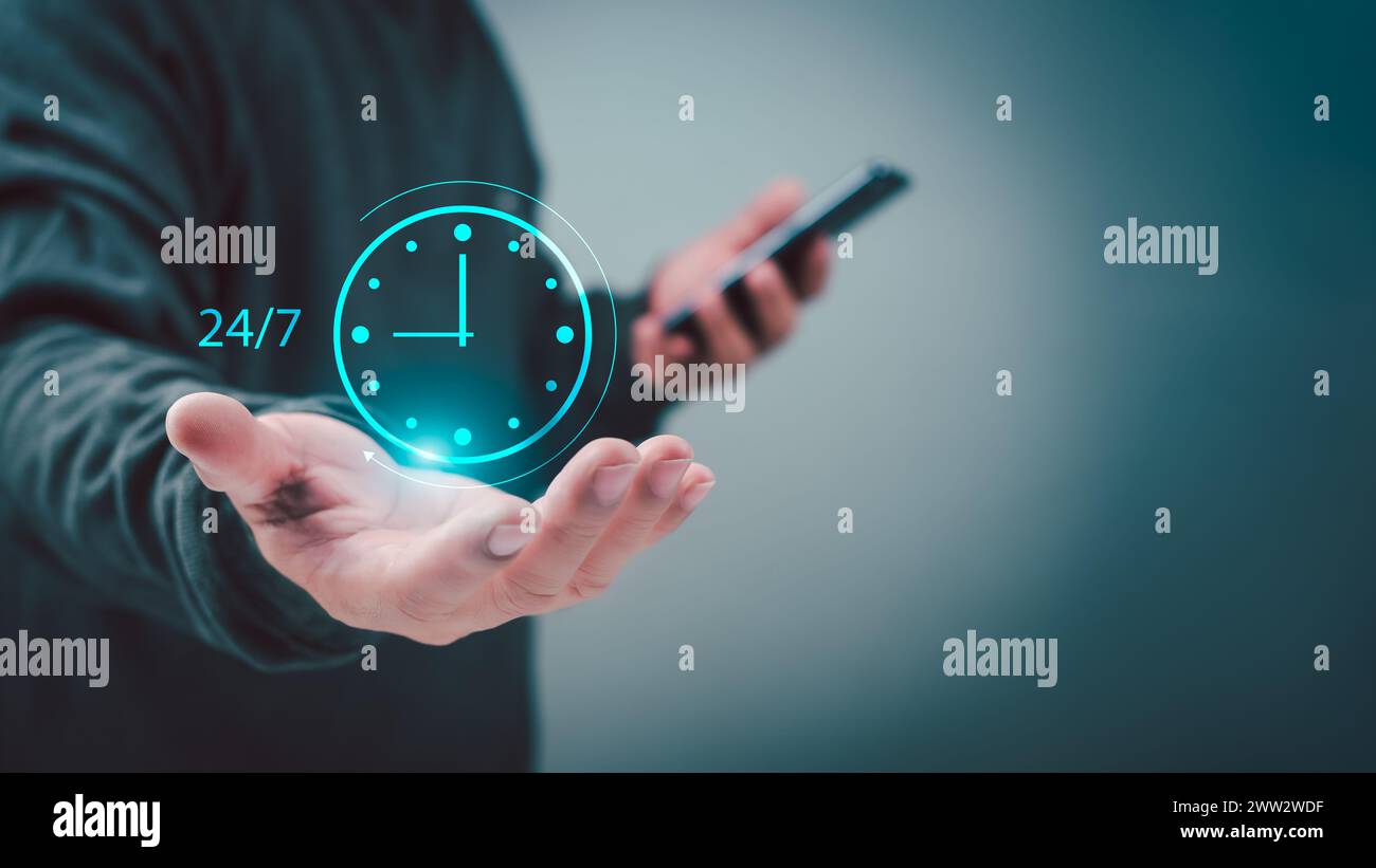 work 24hour and 7 day icon virtual screen hologram, 24hour open, 24 ...