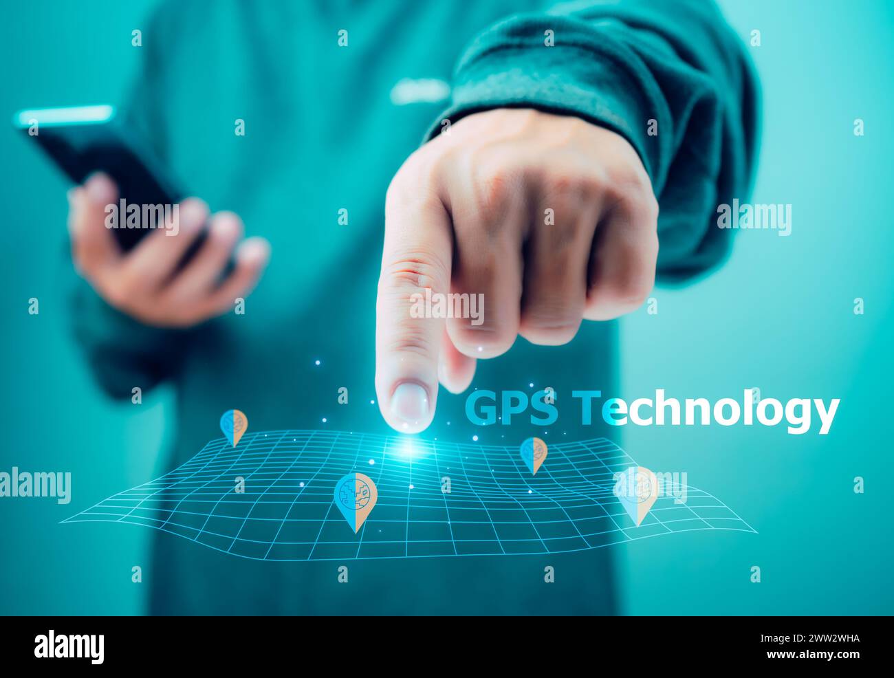 Man hand using smartphone with gps navigation map icon on light green ...