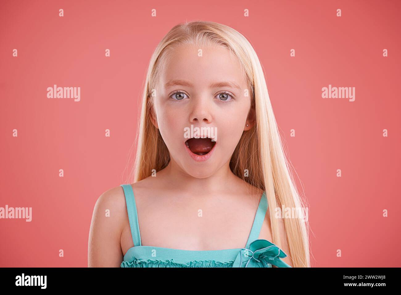 Surprise, portrait and girl with expression for wow, shock and omg in ...