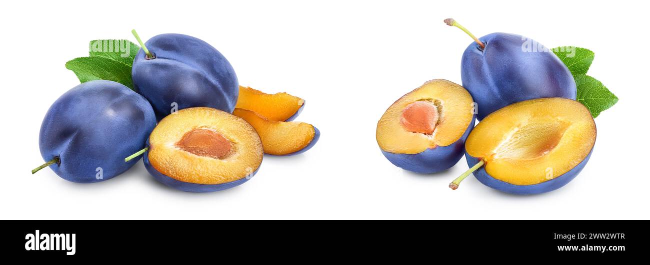 fresh blue plum and half with leaves isolated on white background Stock ...