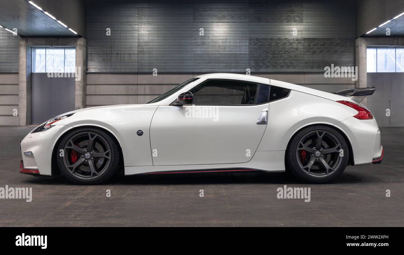 Bilbao, Spain-November 11, 2023: Nissan 370Z (Fairlady Z Z34), side, in indoor parking Stock ...