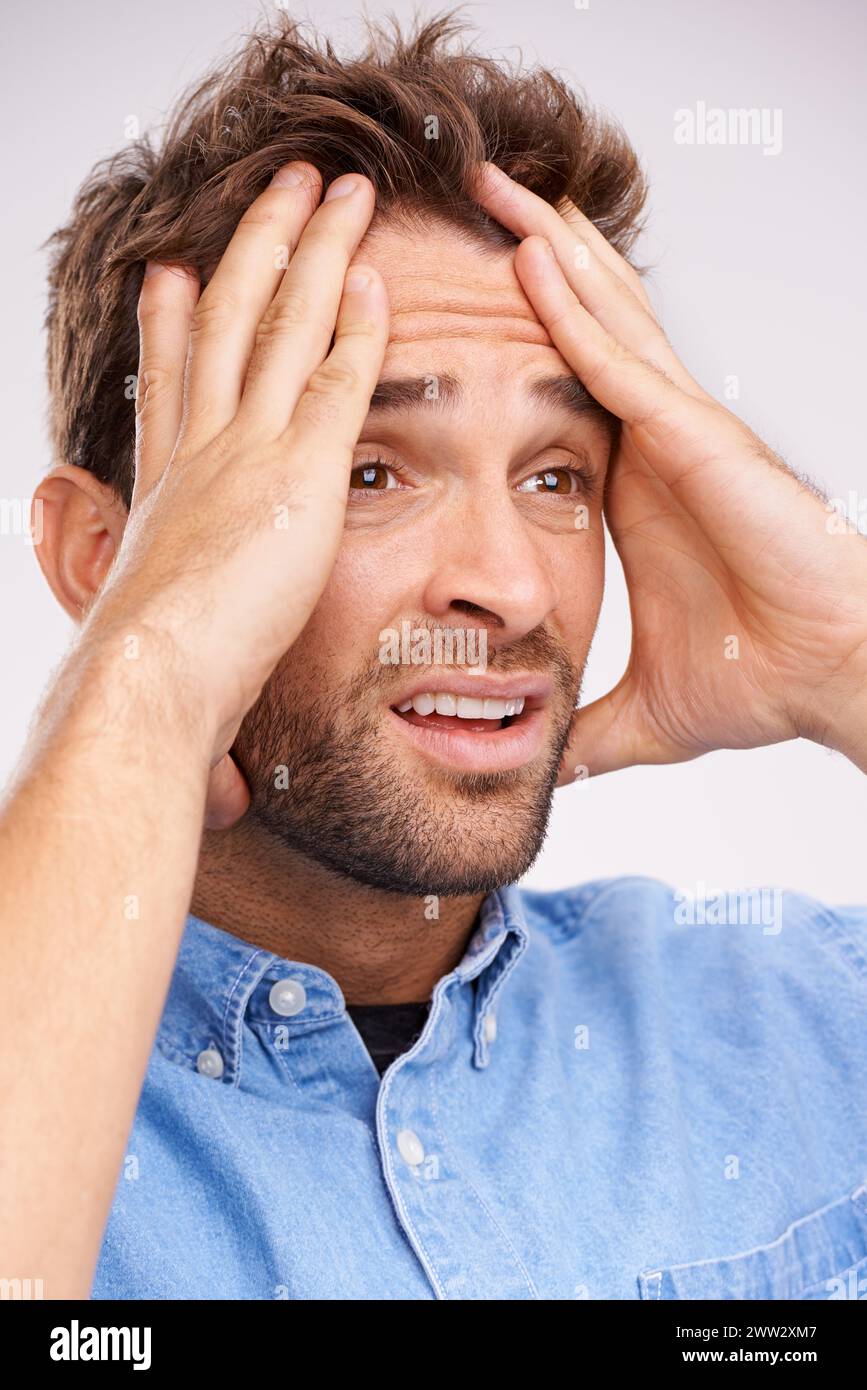 Stress, fear or sad man with hands on face in studio frustrated by fail ...