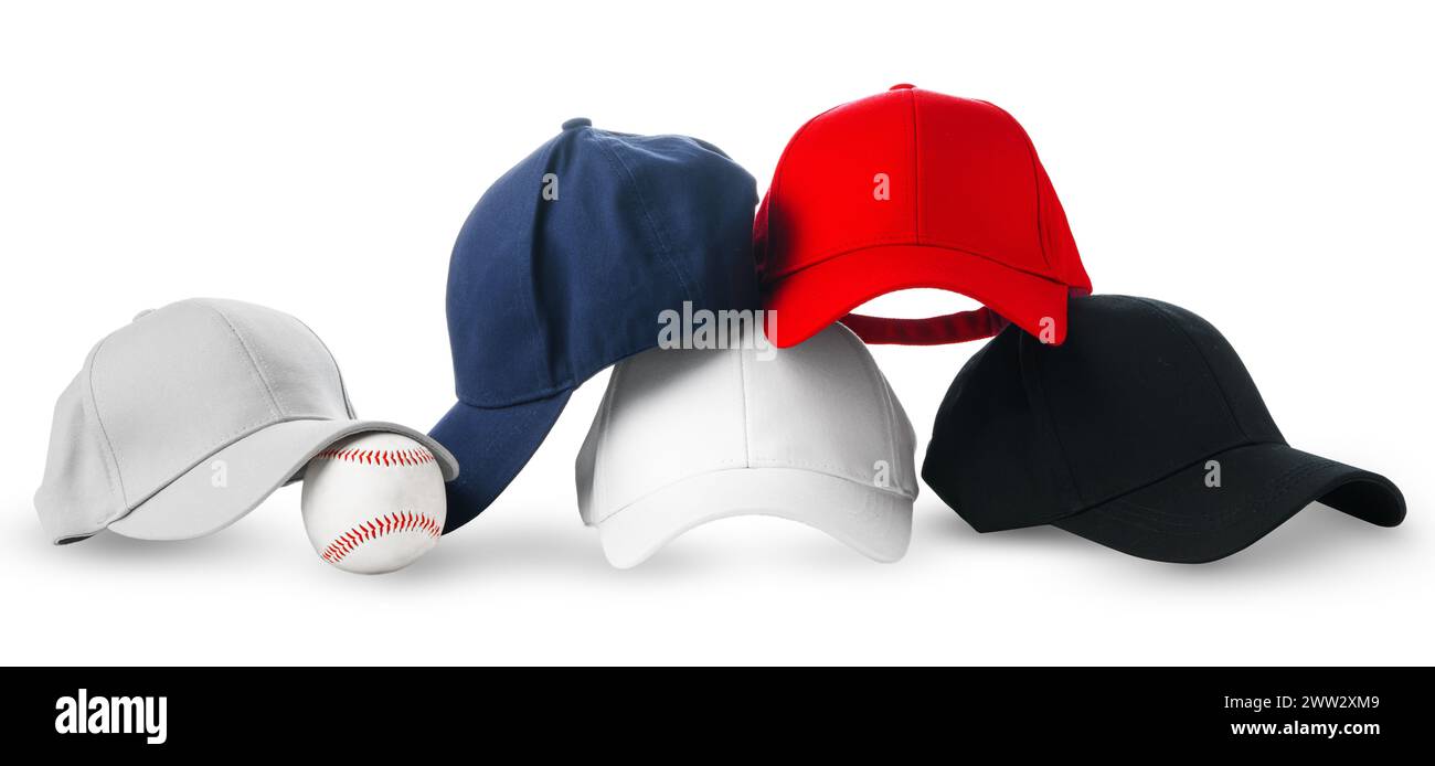 Colorful Assortment of Baseball Caps and a Ball on White Background ...