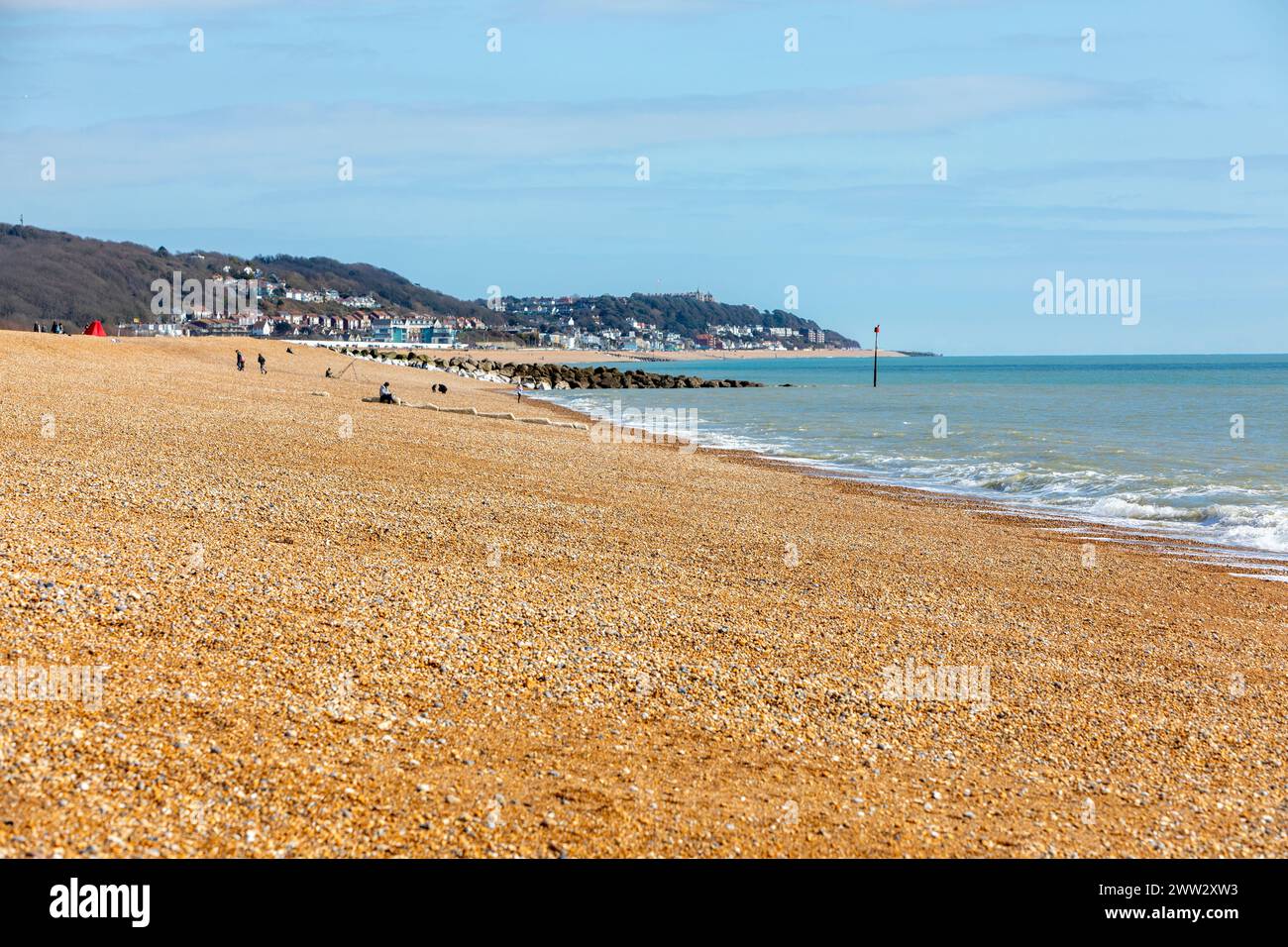 Hythe beach along Princes Parade with Folkestone in the distance Stock ...