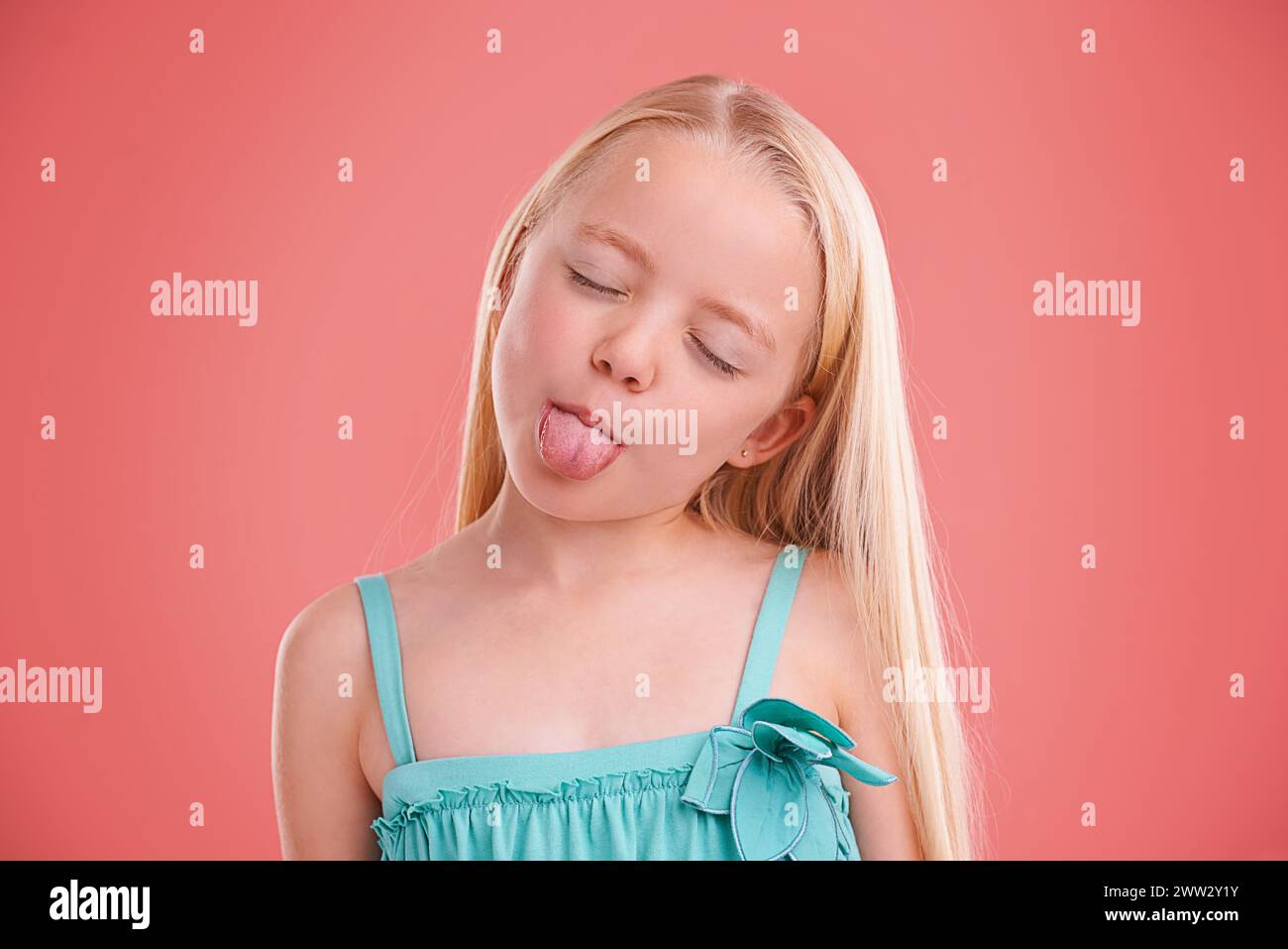 Silly, funny and girl with expression for prank, mischief and fun in ...