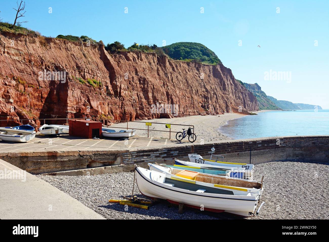 SIDMOUTH, UK - AUGUST 08, 2022 - View of the beach and cliffs at ...