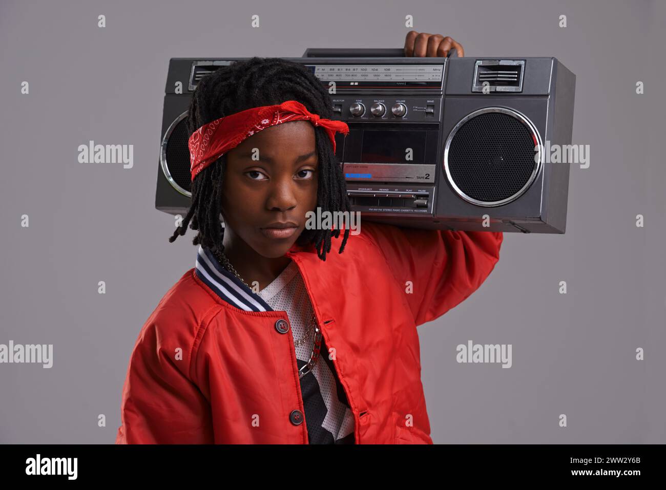 Child, hip hop and portrait with radio for cool music and dance in a ...