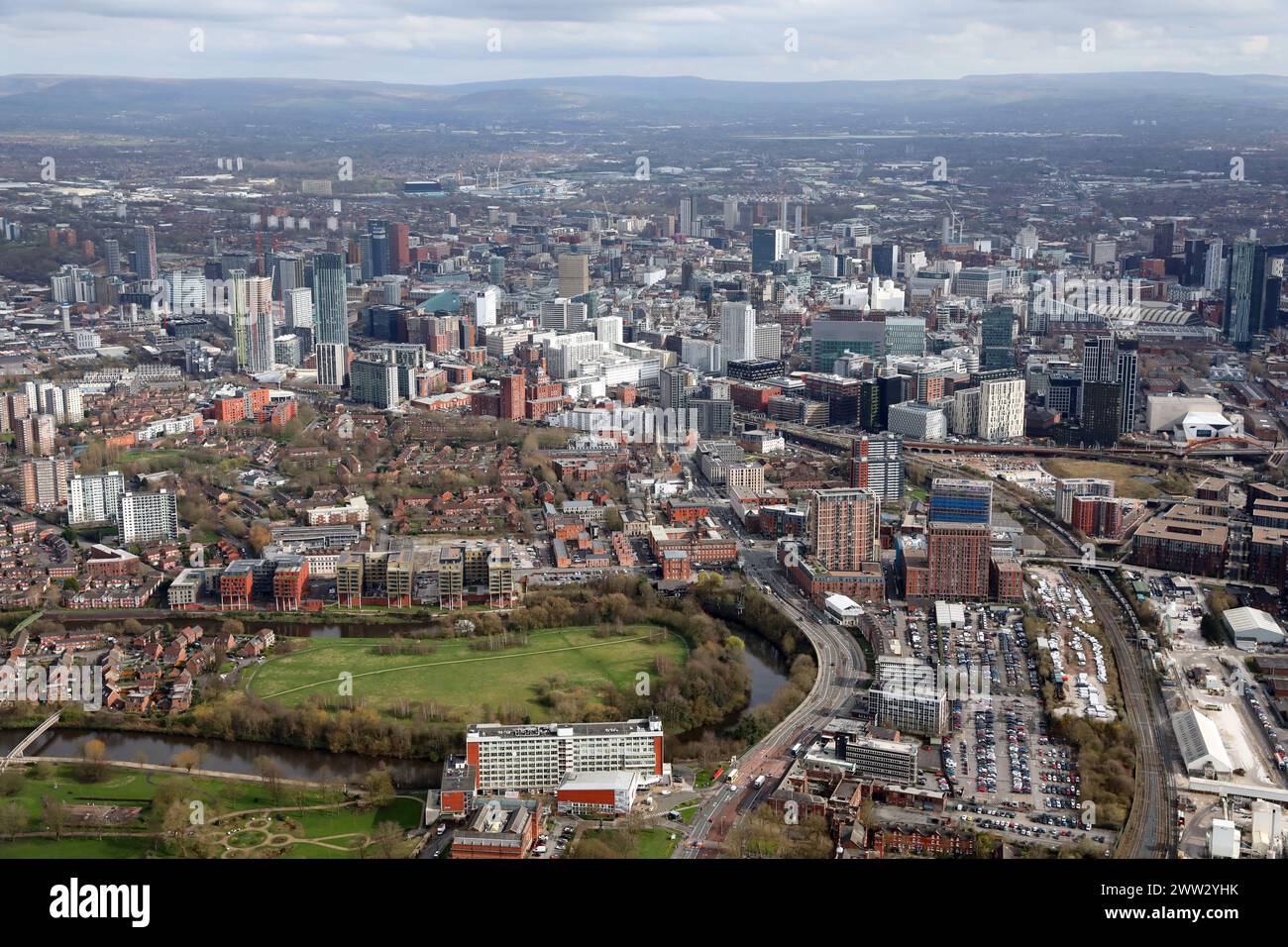 aerial view of the Manchester skyline from overhead Salford with a loop ...