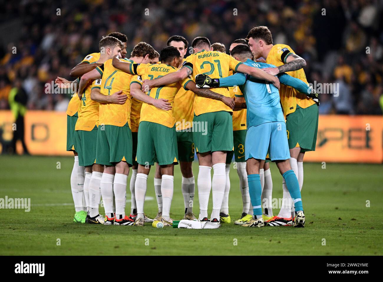 Sydney, Australia. 21st Mar, 2024. Australia huddle ahead of the FIFA ...