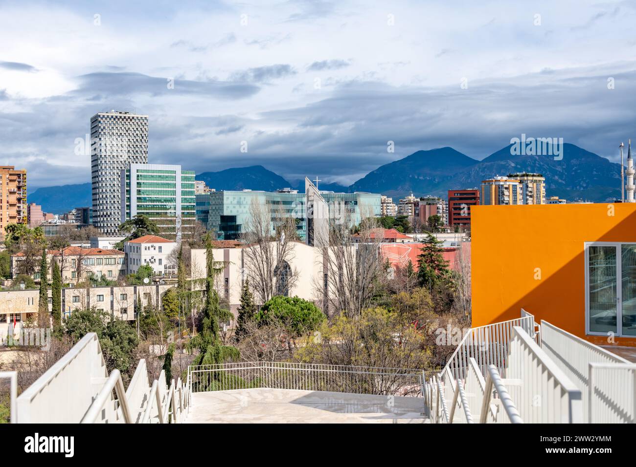 Concrete staircases and coloured cube rooms at the Pyramid of Tirana in ...