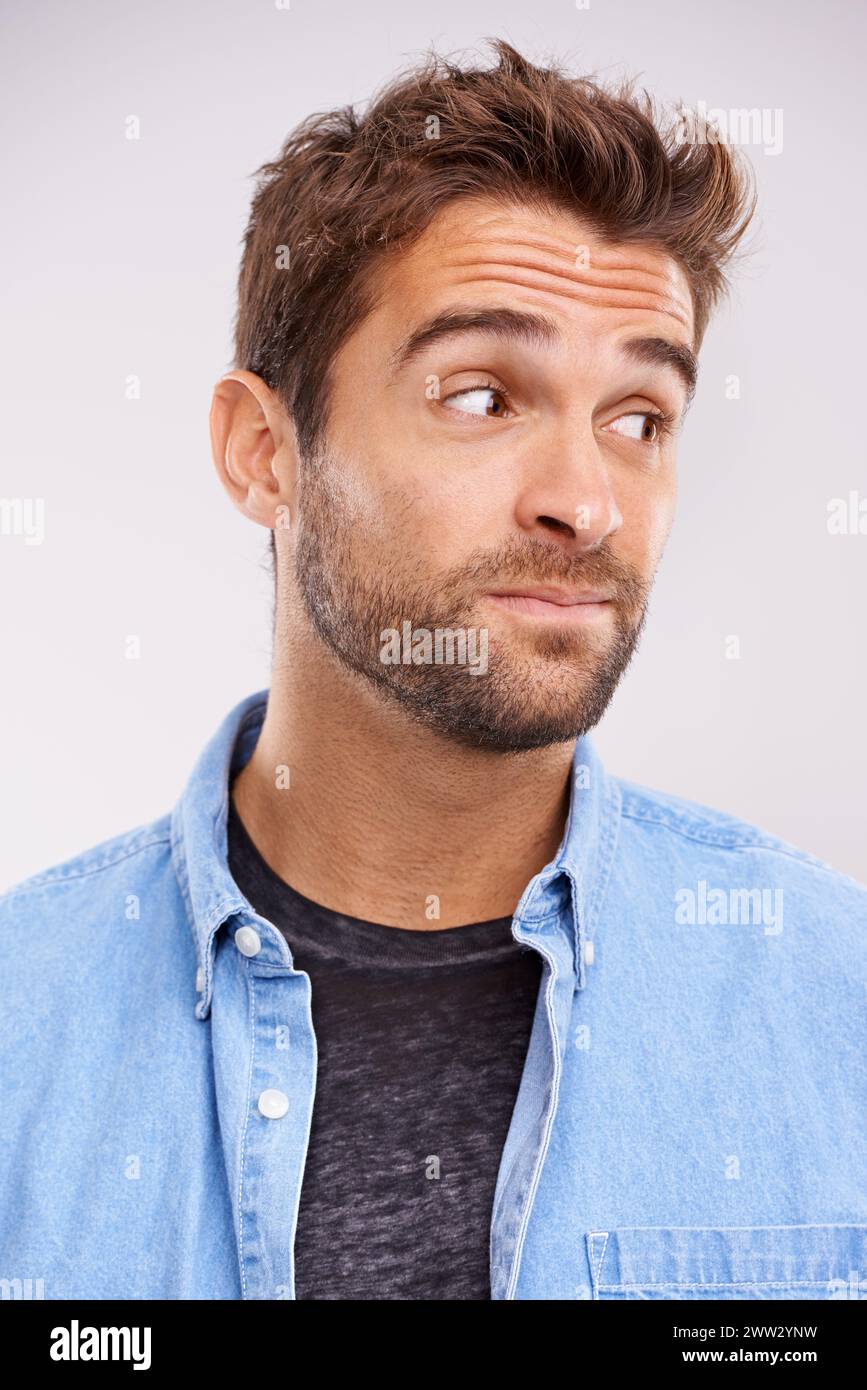 Thinking, confused and man with ideas, choice and emotion on white ...