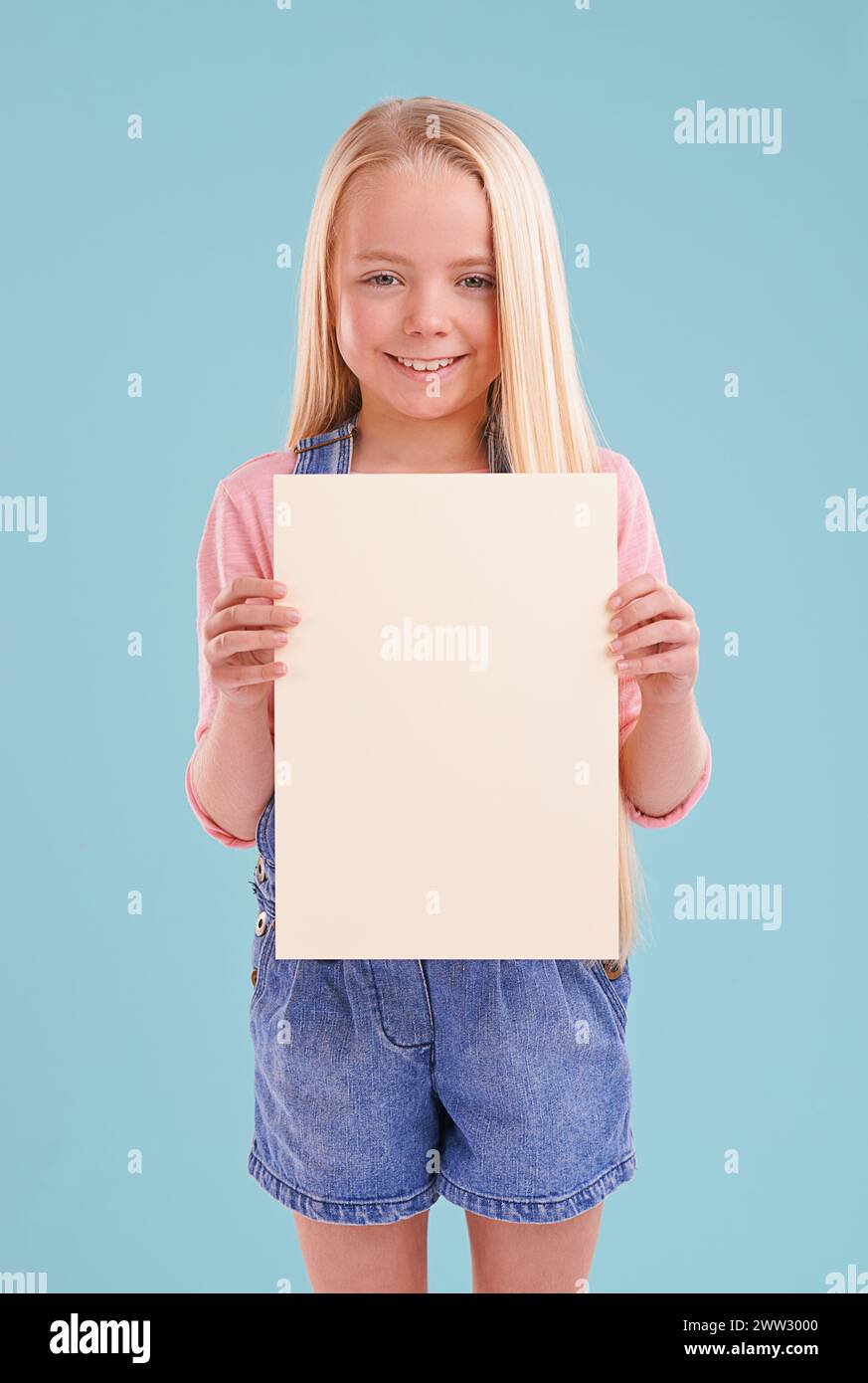 Child, portrait and poster mockup in studio for presentation for good ...
