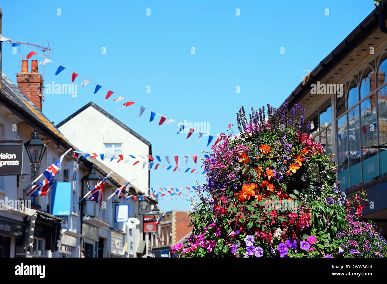 Pretty flowers with shops to the rear in the old town, Sidmouth, Devon ...