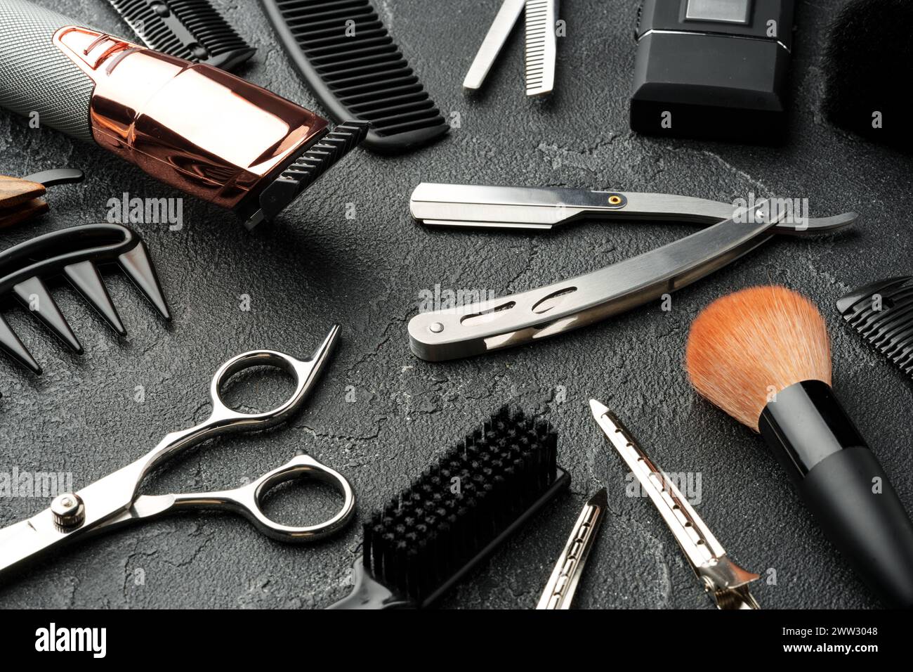 Set of tools for hairdressing and barbershop on gray background Stock ...