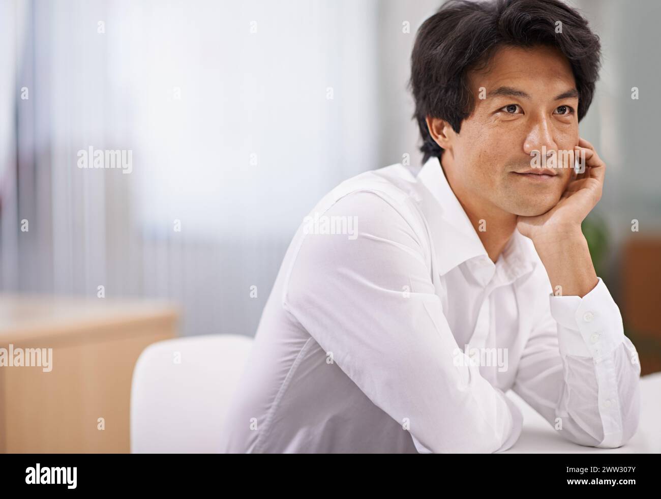 Thinking, idea and business Asian man in office for problem solving ...