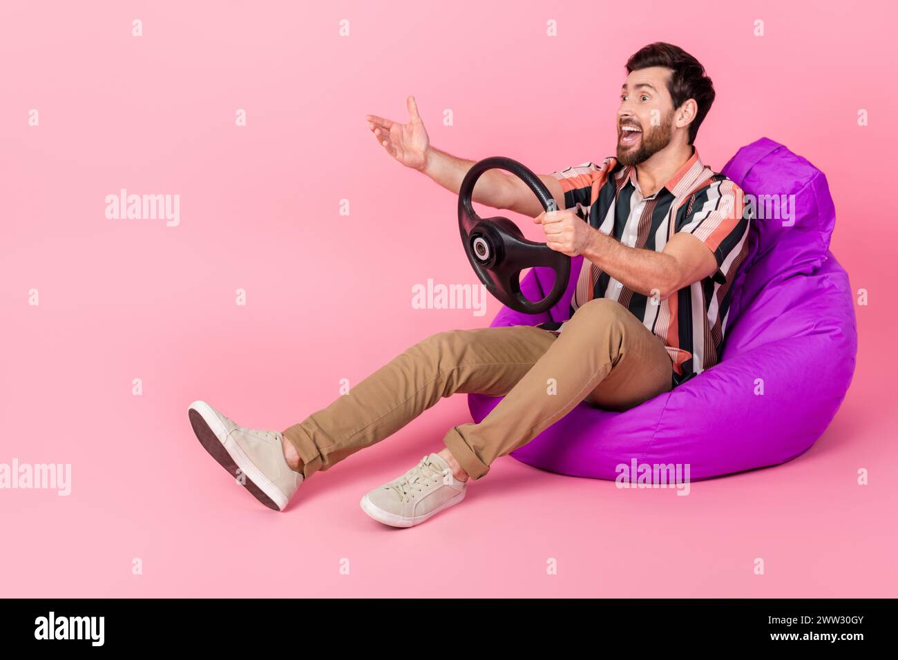 Full body size photo of furious car driver hold steering wheel conflict ...