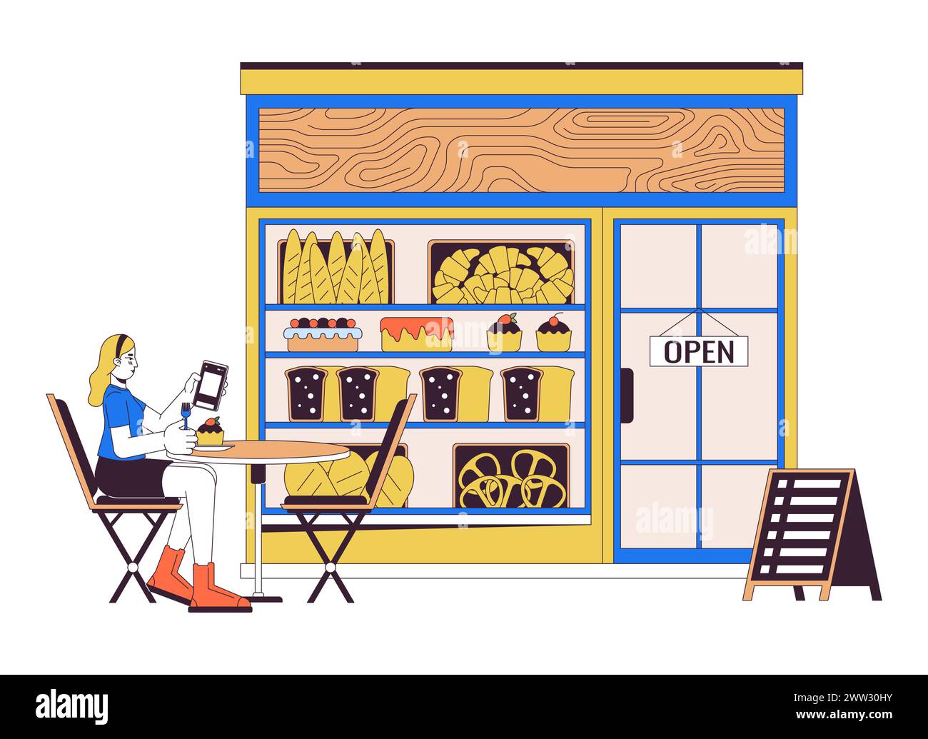 Woman visiting bakery shop 2D linear cartoon character Stock Vector ...