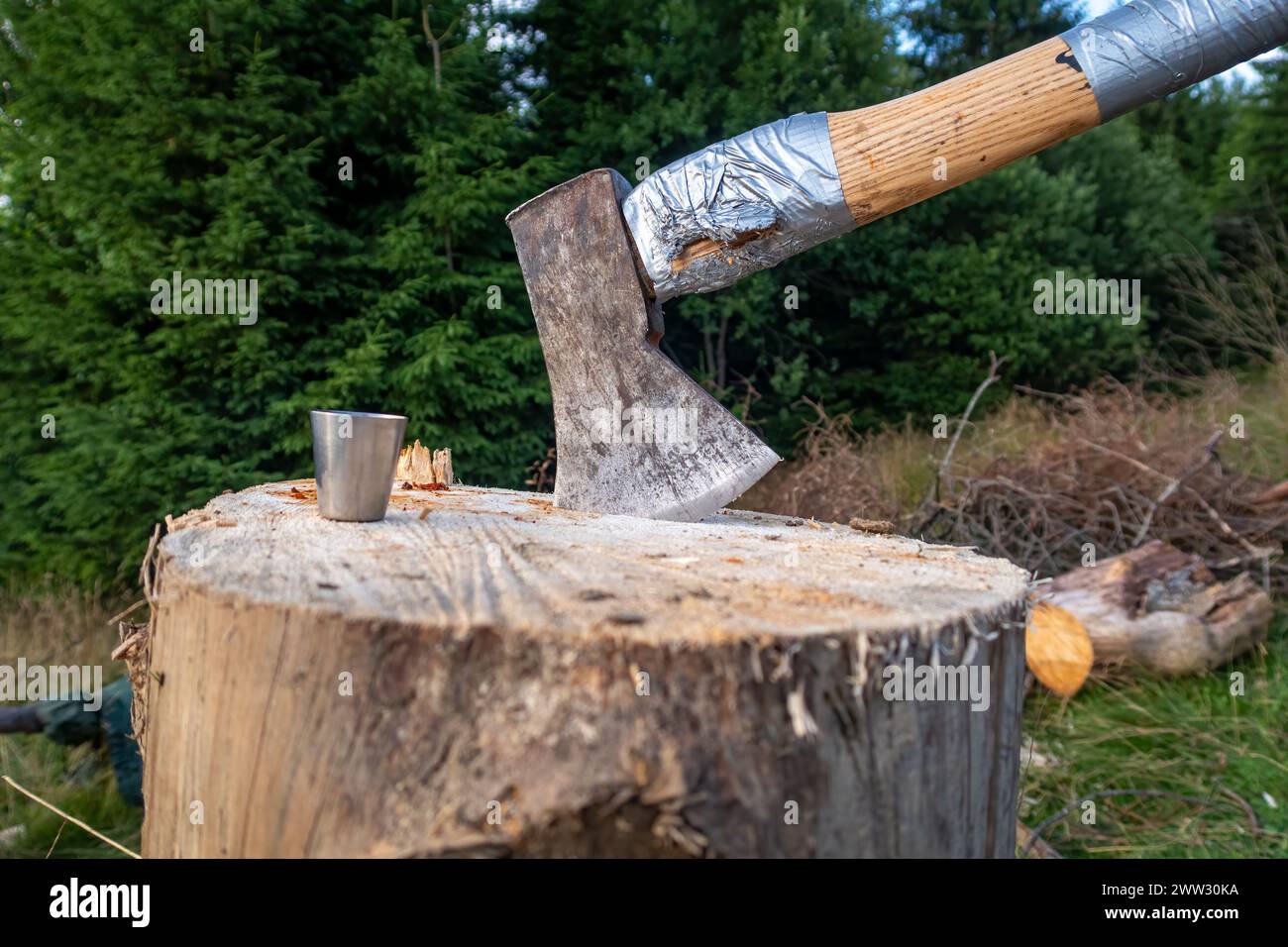 Axe for making fire wood for the campfire Stock Photo - Alamy