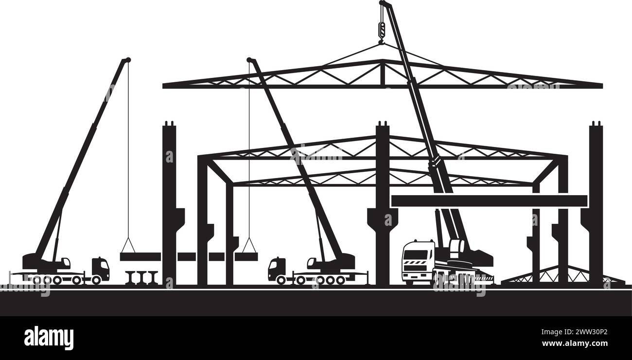 Mobile cranes lifting timbers on construction site – vector ...