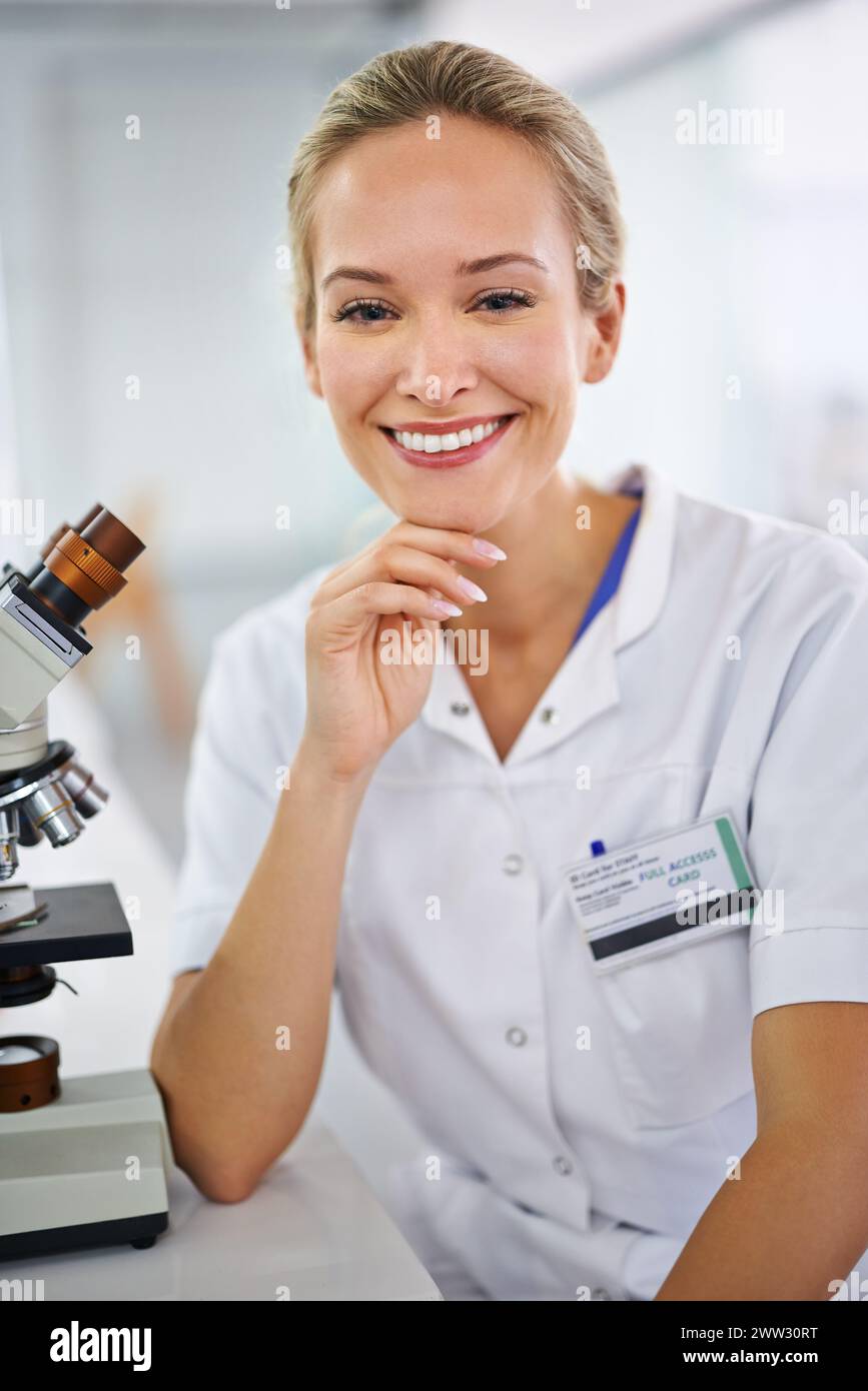 Happy woman, portrait and scientist with microscope for biology ...