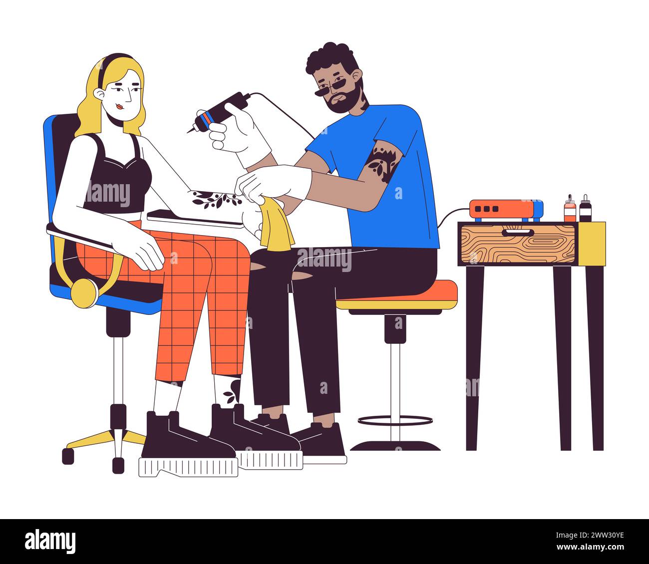 Black artist making tattoo on woman arm 2D linear cartoon characters ...