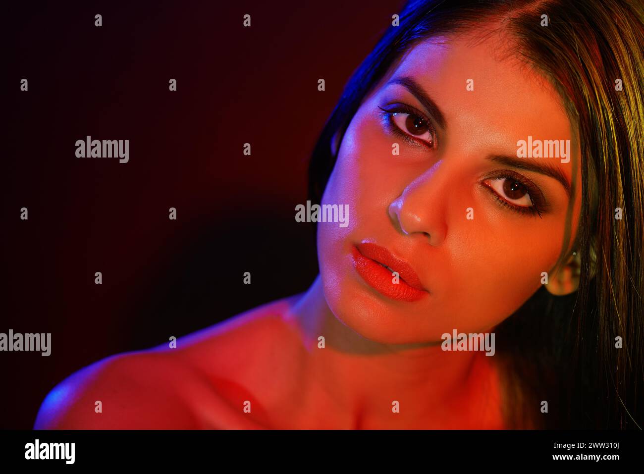 Studio, woman or beauty in artistic lighting for portrait, shadow or ...