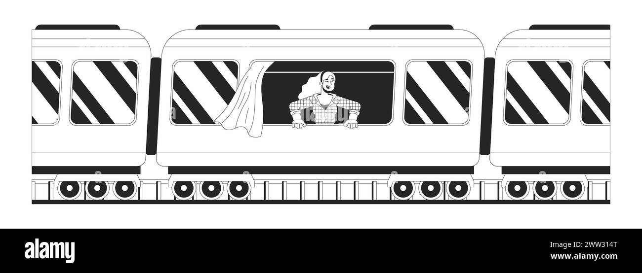Caucasian female commute passenger train black and white 2D line ...
