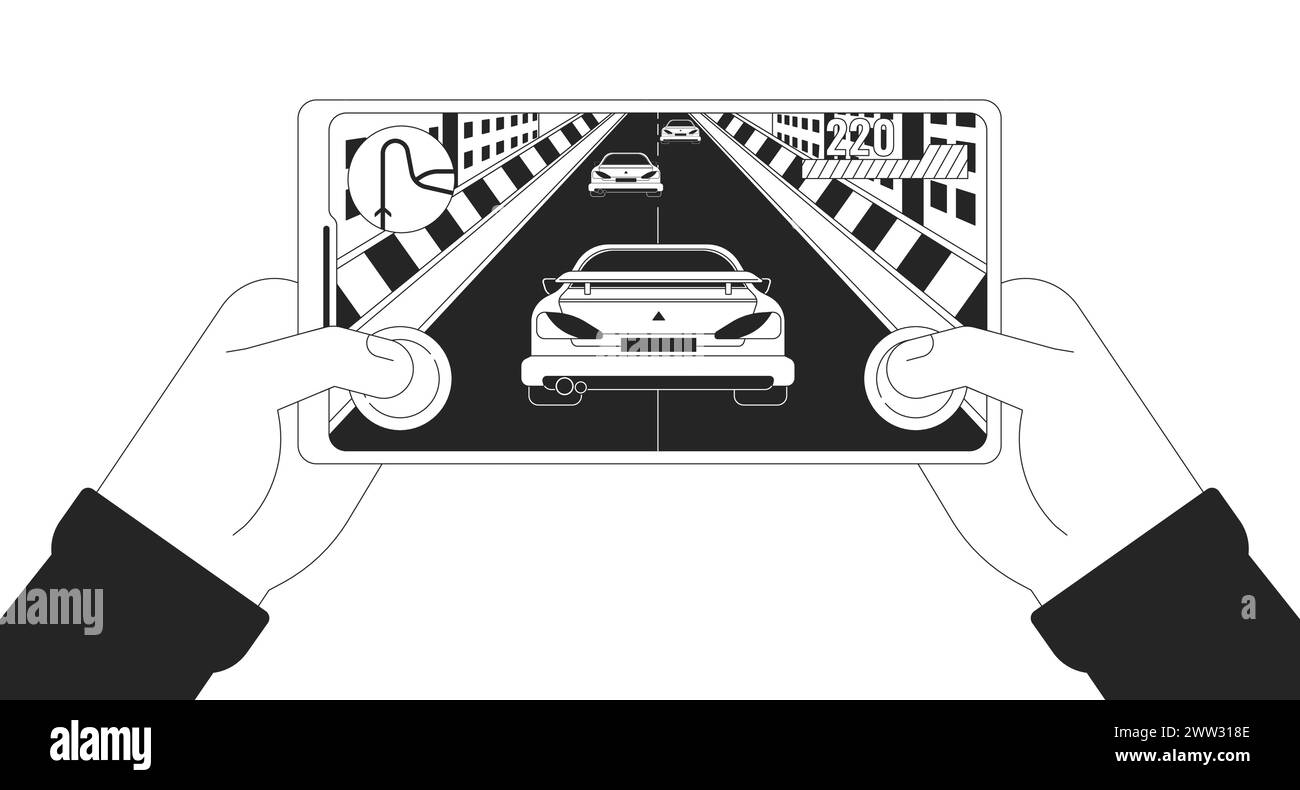 Gamer enjoying online car racing cartoon human hands outline ...