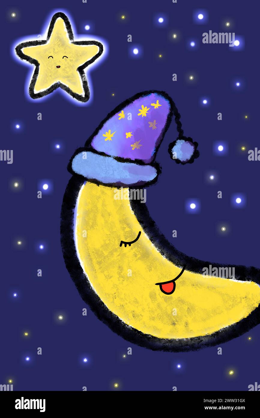 Adorable sleeping moon in a night cap and a cute little star in night ...