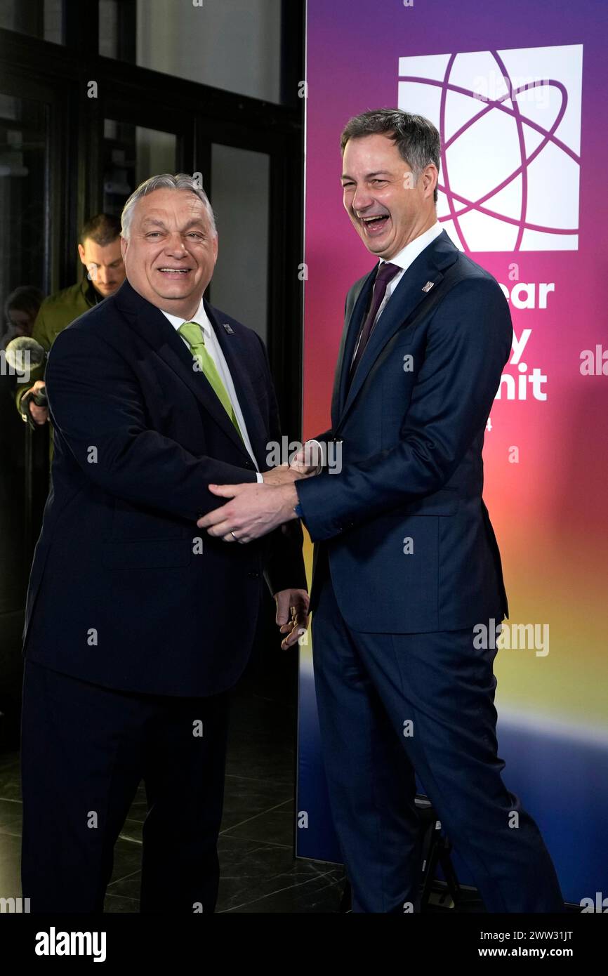 Belgium's Prime Minister Alexander De Croo, right, welcomes Hungary's ...