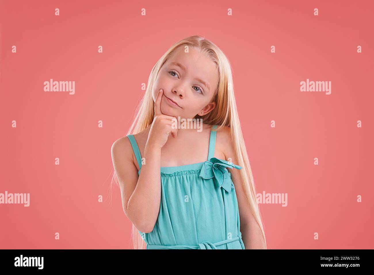 Thinking, ideas and girl child in studio with brainstorming facial ...