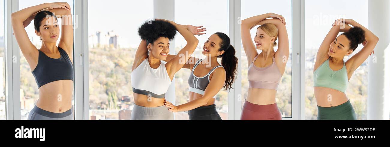 happy female pilates trainer helping black woman with her stretching ...