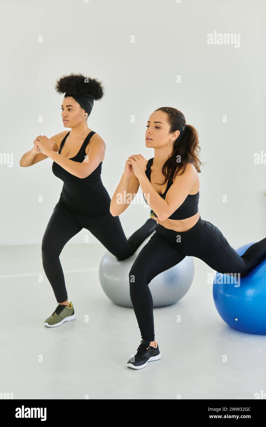 two diverse female friends exercising on fitness balls during pilates ...
