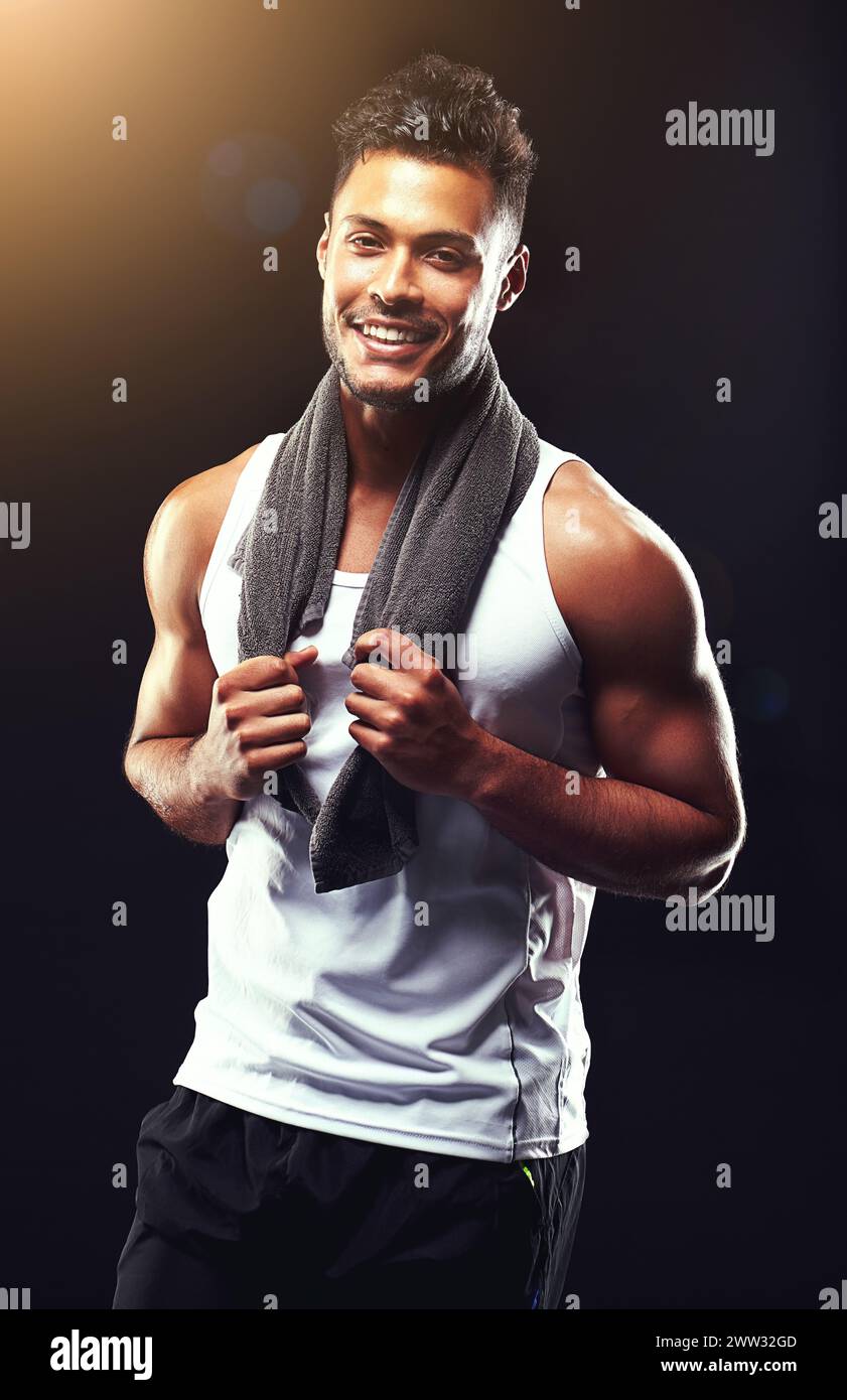 Fitness, portrait and happy man in studio with towel, confidence and ...