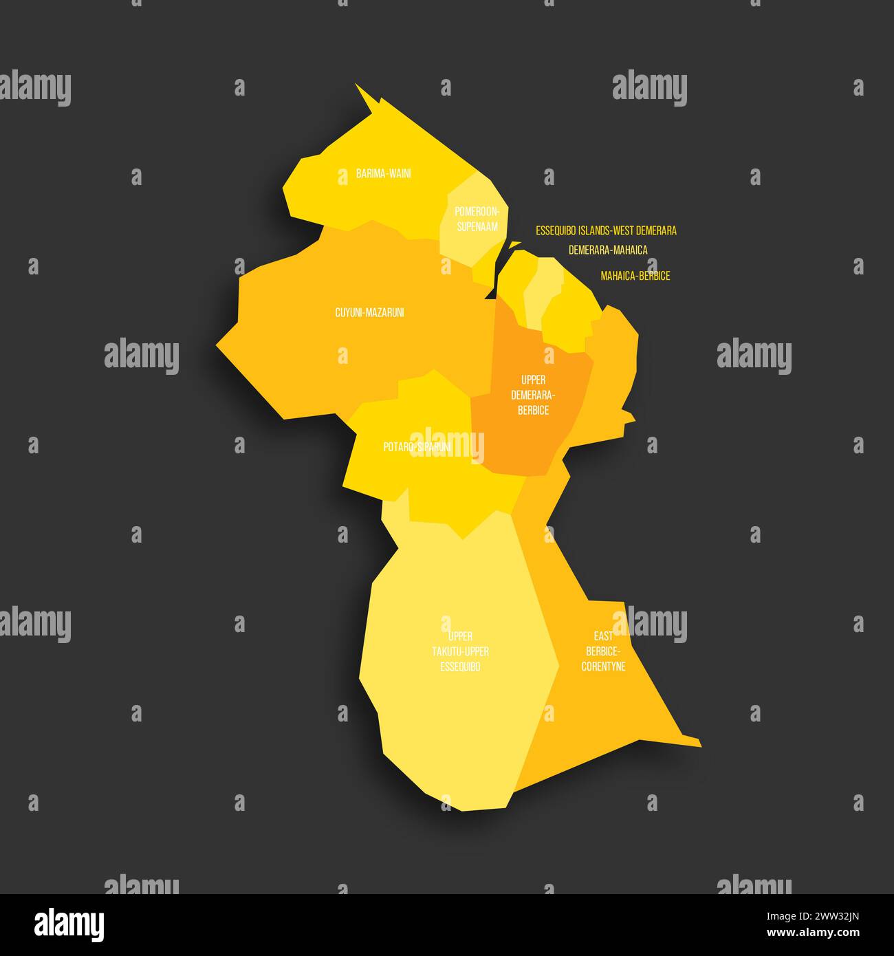 Guyana political map of administrative divisions - regions. Yellow ...