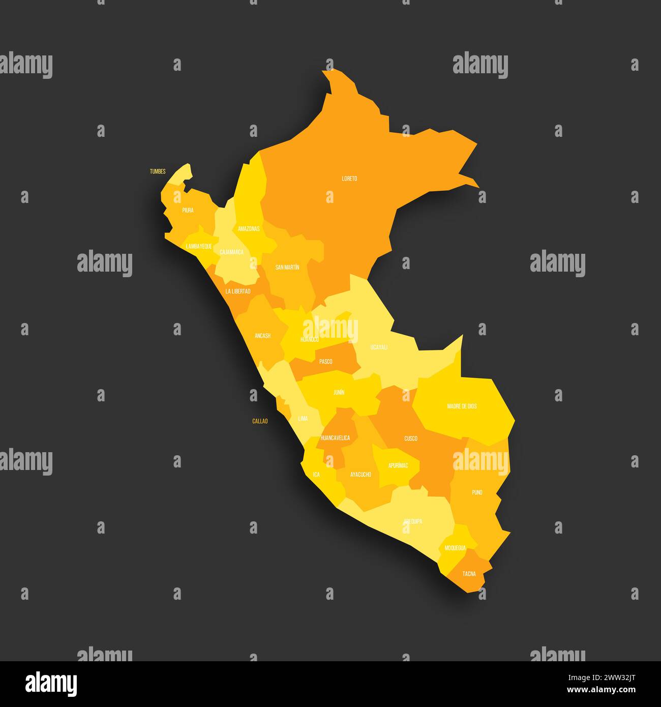 Peru political map of administrative divisions - departments. Yellow ...
