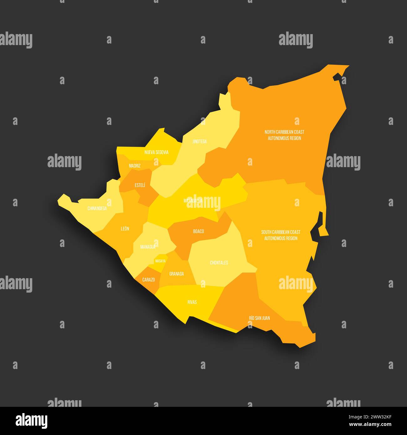 Nicaragua political map of administrative divisions - departments and ...