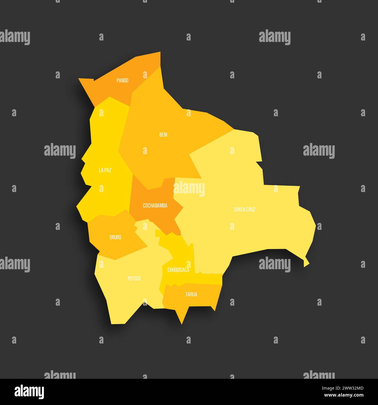 Bolivia political map of administrative divisions - departments. Yellow ...