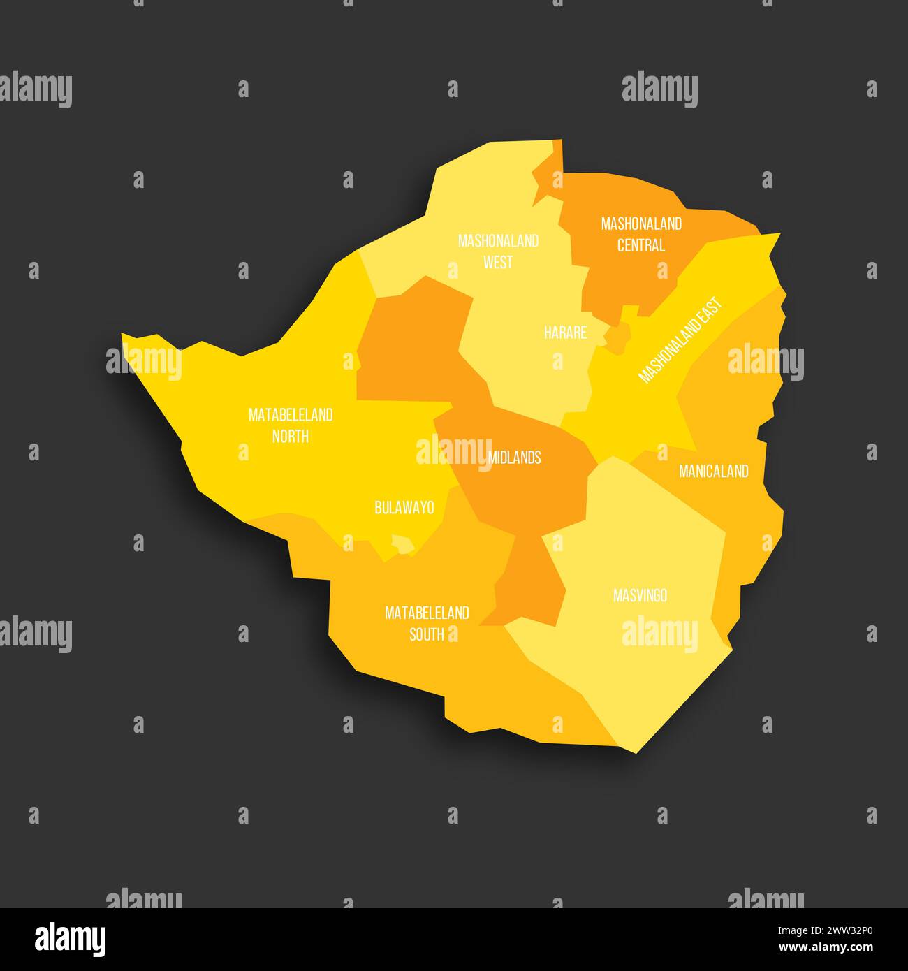 Zimbabwe political map of administrative divisions - provinces. Yellow ...