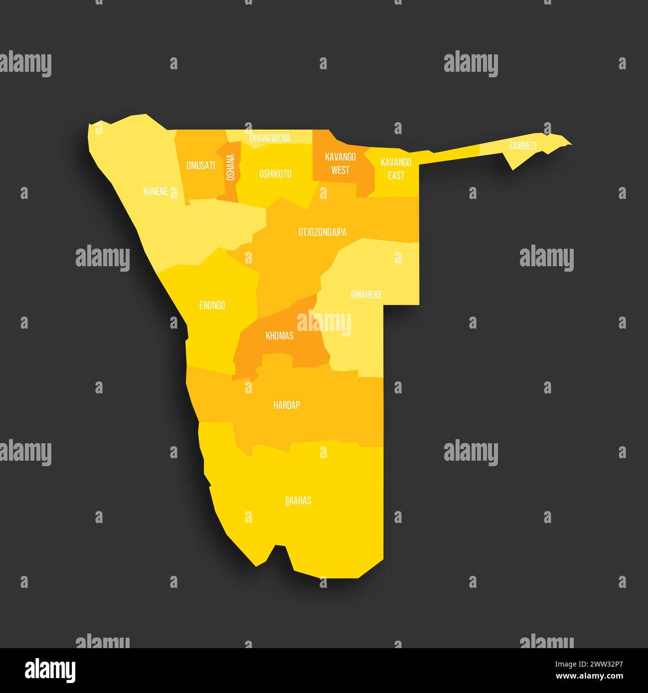 Namibia political map of administrative divisions - regions. Yellow ...