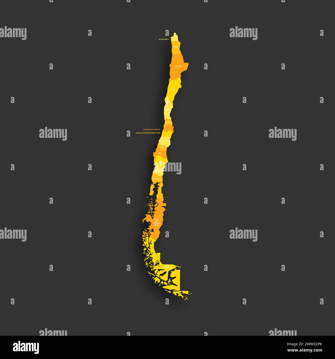 Chile political map of administrative divisions - regions. Yellow shade ...